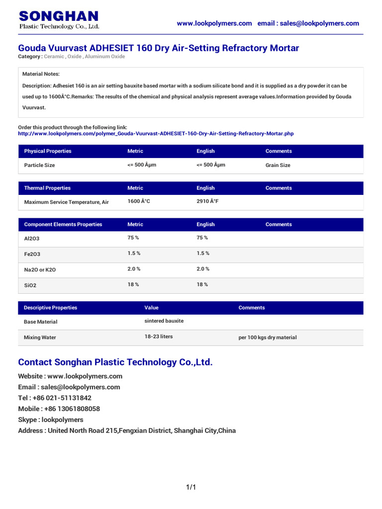 Gouda Vuurvast ADHESIET 160 Dry Air Setting Refractory Mortar | PDF