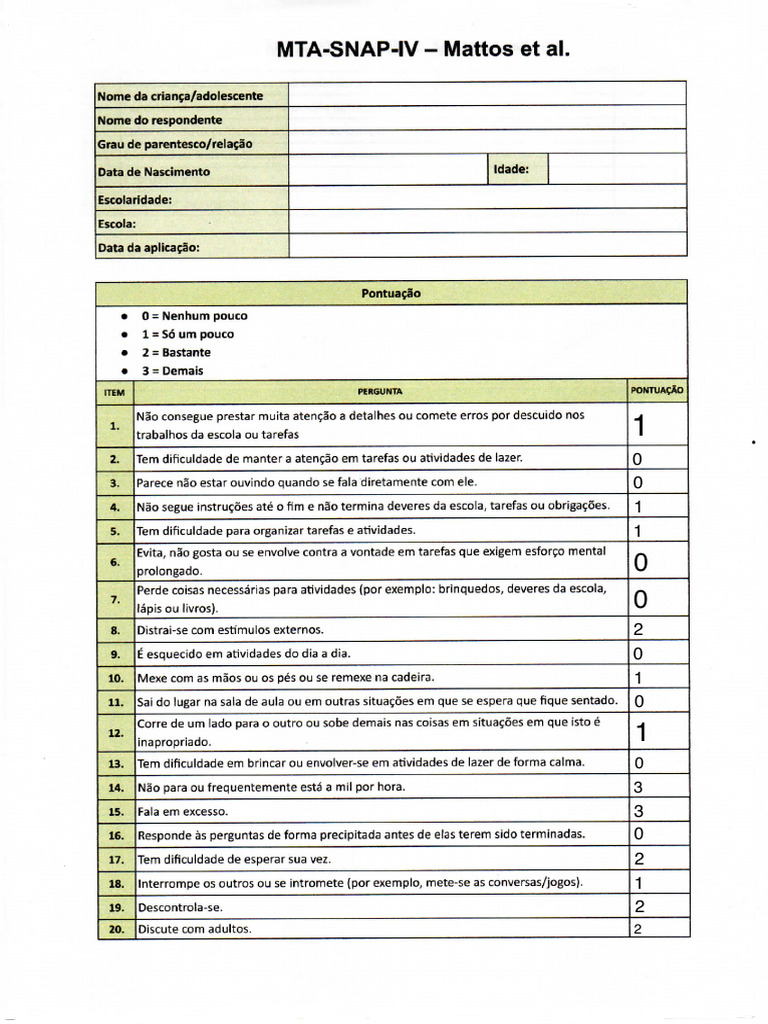 MTA - SNAP - IV Questionário | PDF