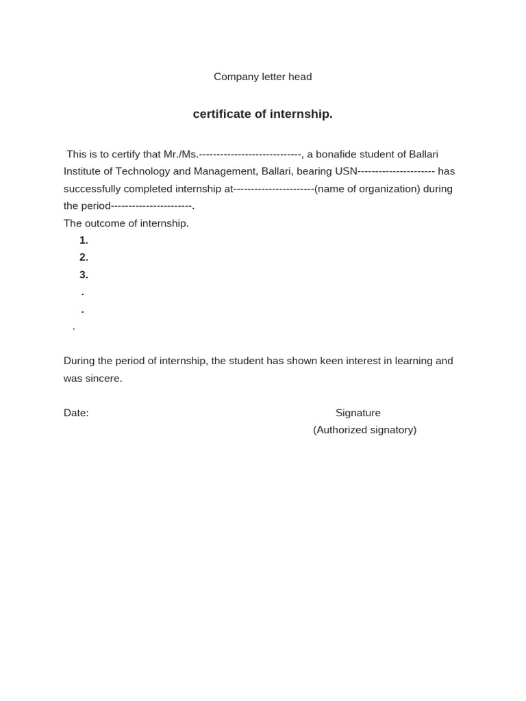Internship Certificate Format | PDF