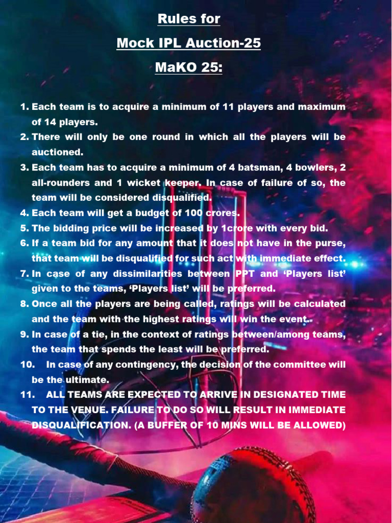 Mock IPL Auction Rules 2025 | PDF