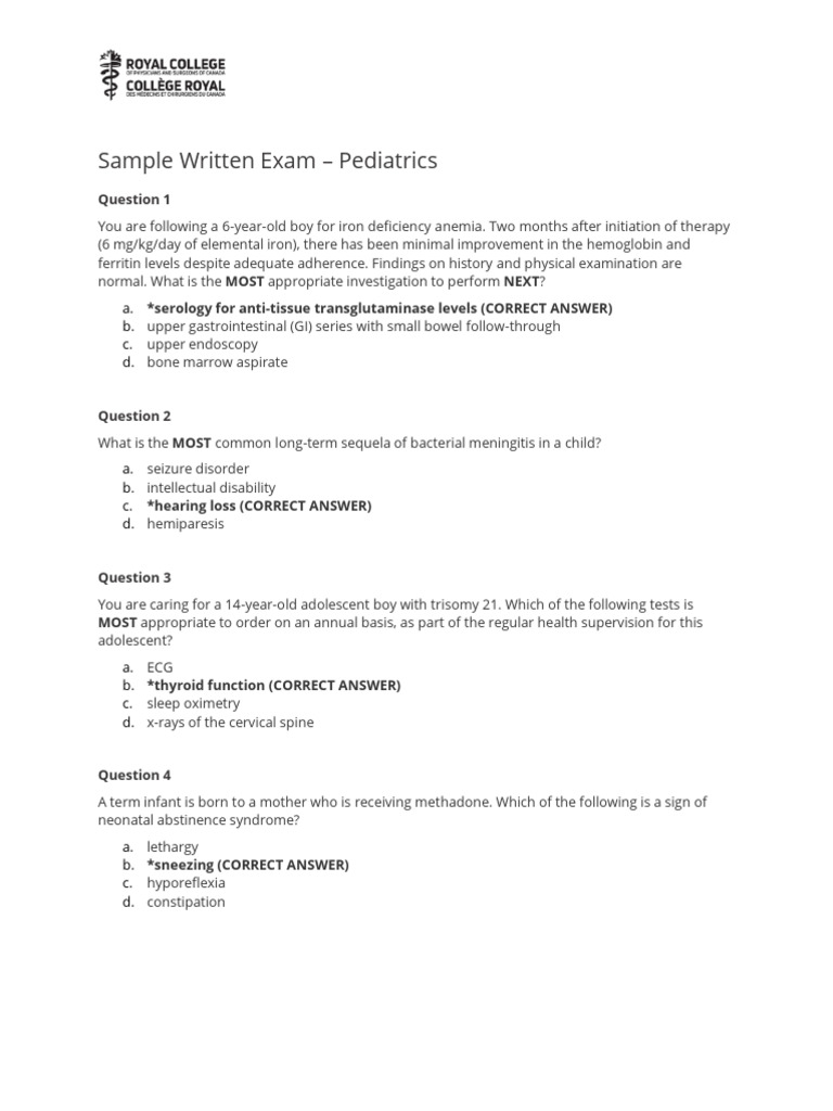 Pediatric Exam Questions and Answers | PDF | White Blood Cell | Medical ...