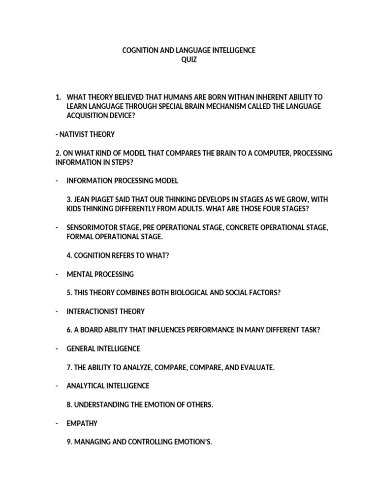 Cognition and Language Intelligence Quiz | PDF