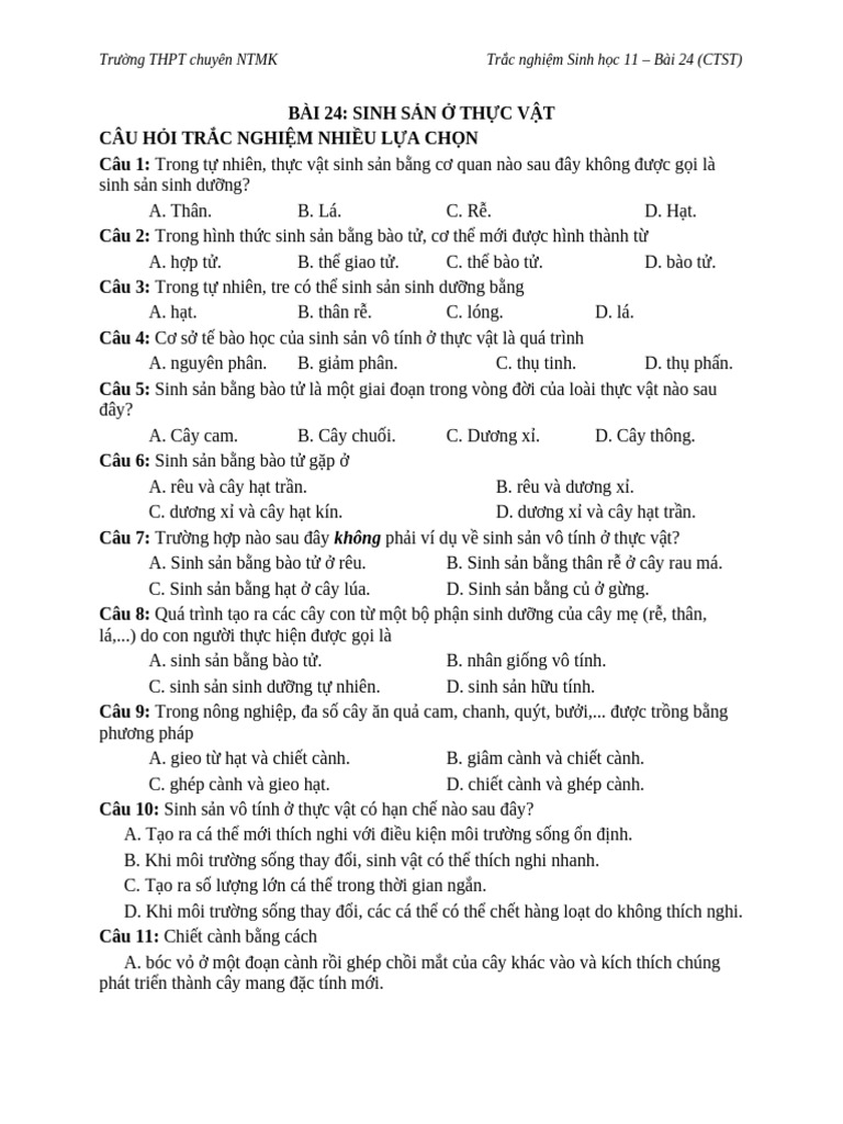TN- SINH 11- BÀI 24 HS | PDF