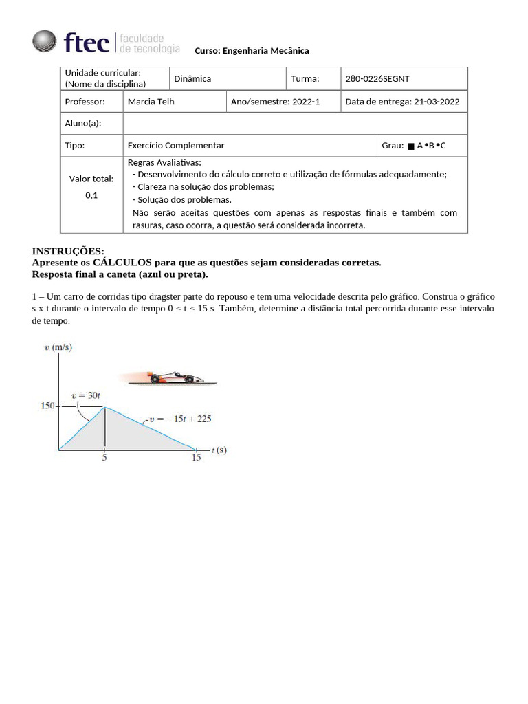 Exercício Complementar - Grau A 2022-1 | PDF