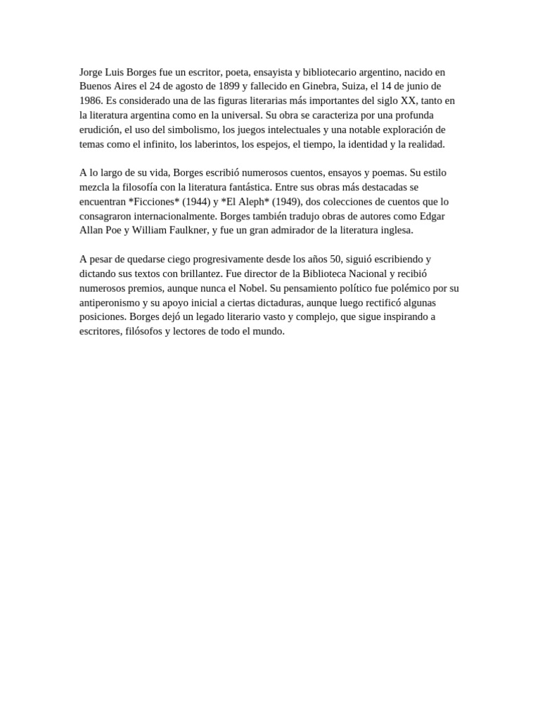 Jorge Luis Borges Resumen | PDF