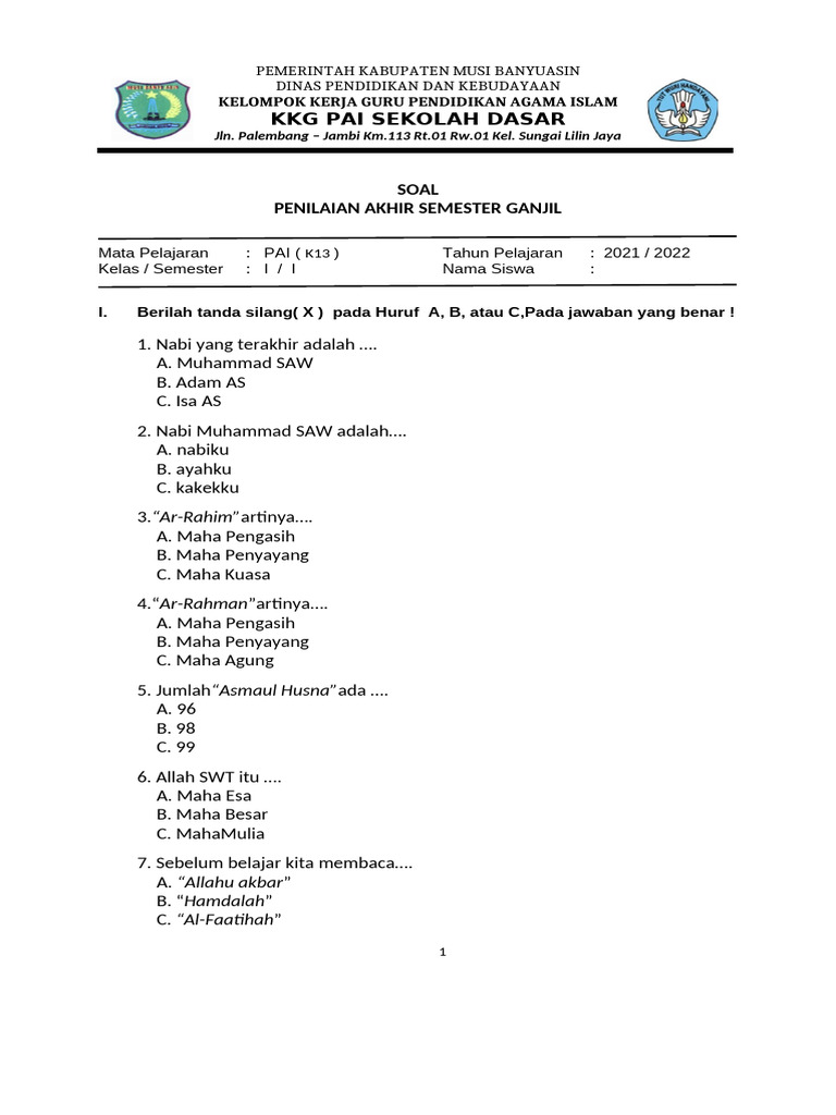 A. Soal PAI K.13 Kls. 1 Smt.1 TP.2021 - 2022 (Ria Dewi Astuti, S.pd.I) | PDF