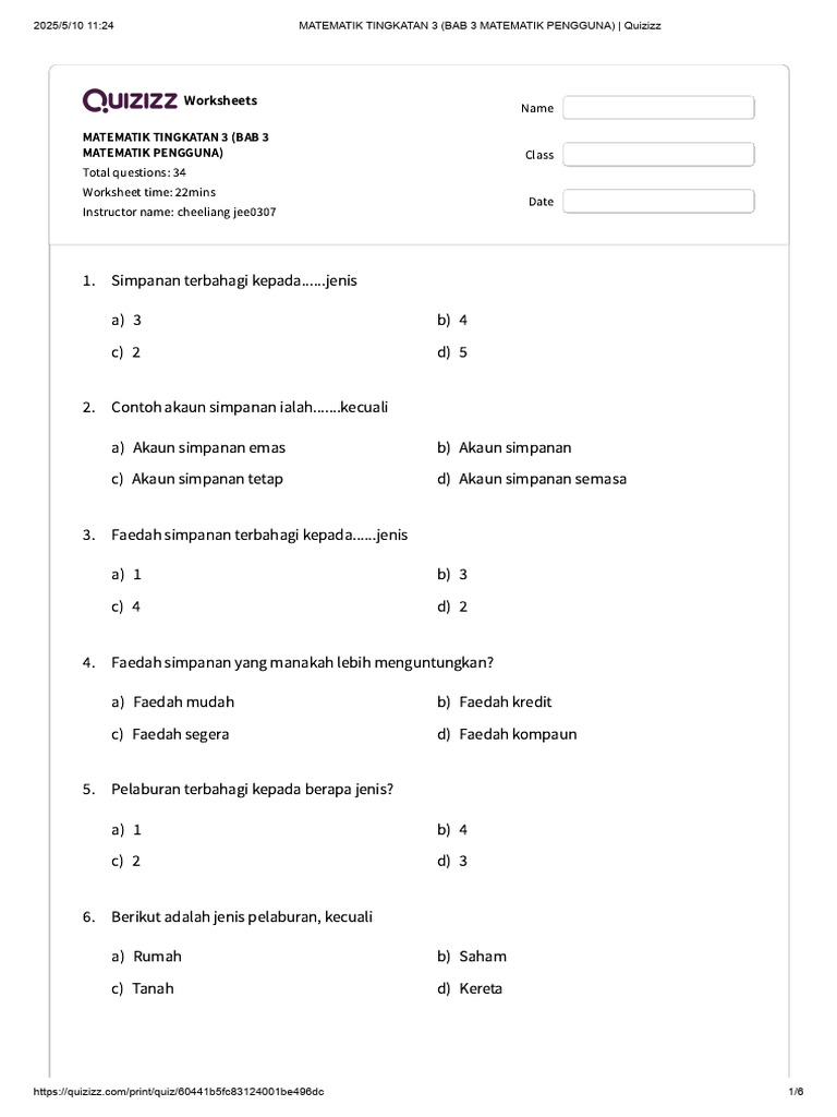 MATEMATIK TINGKATAN 3 (BAB 3 MATEMATIK PENGGUNA) - Quizizz | PDF