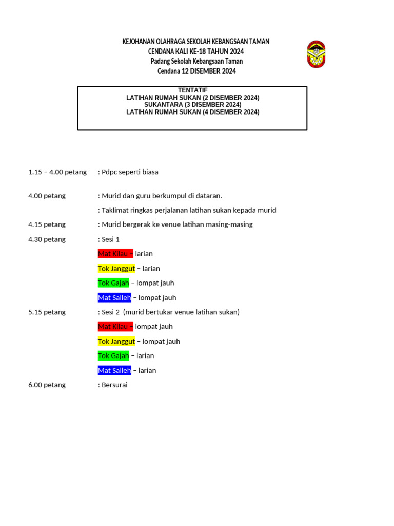 (PETANG) TENTATIF LATIHAN SUKAN, SUKANTARA DAN SUKANEKA | PDF