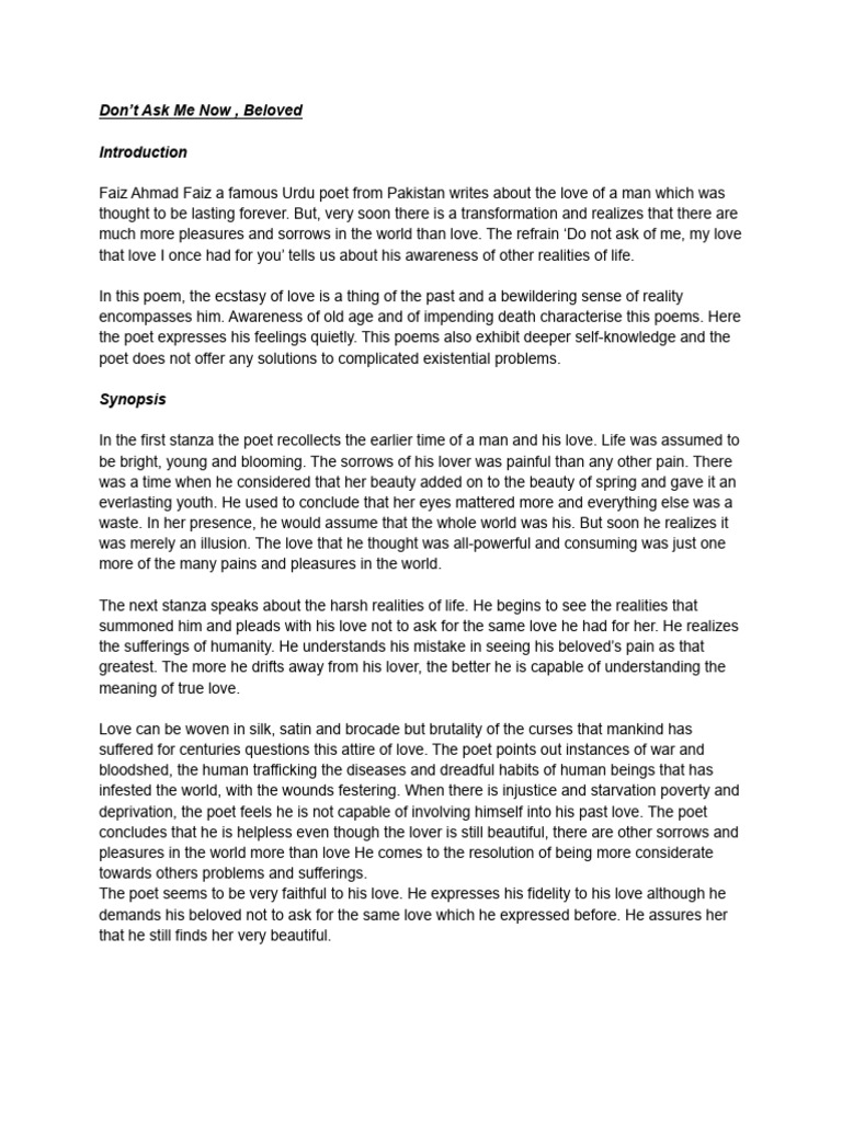 Don't Ask Me Now, Beloved | PDF | Love