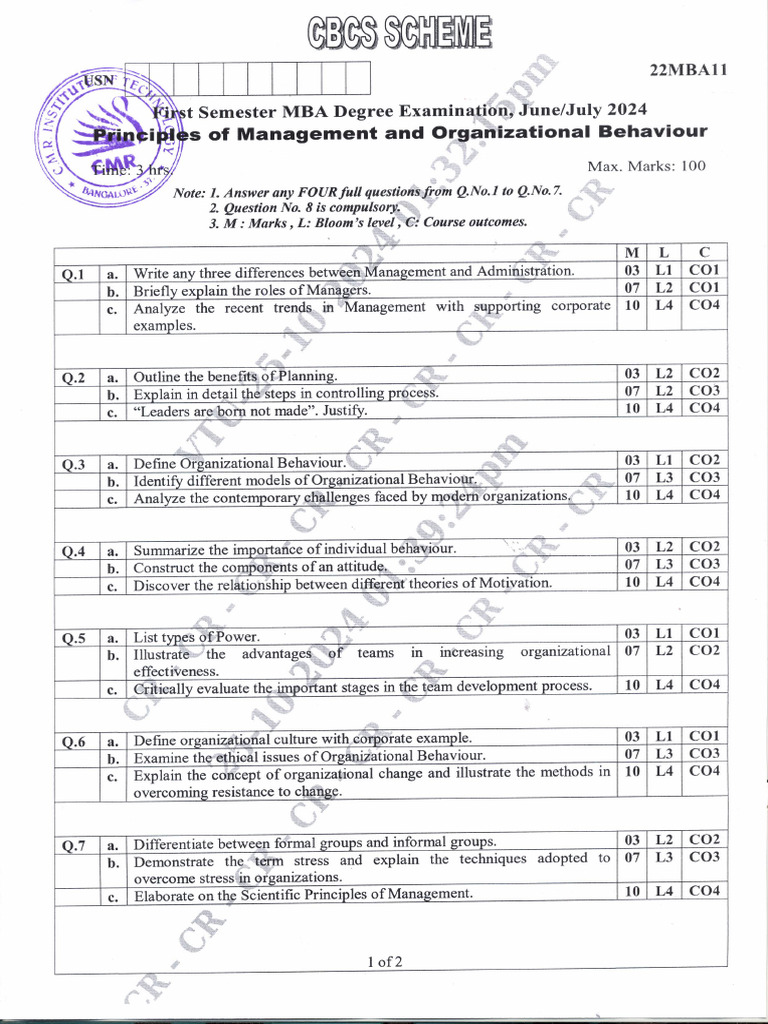 VTU Question Paper of 22MBA11 Principles of Management and ...