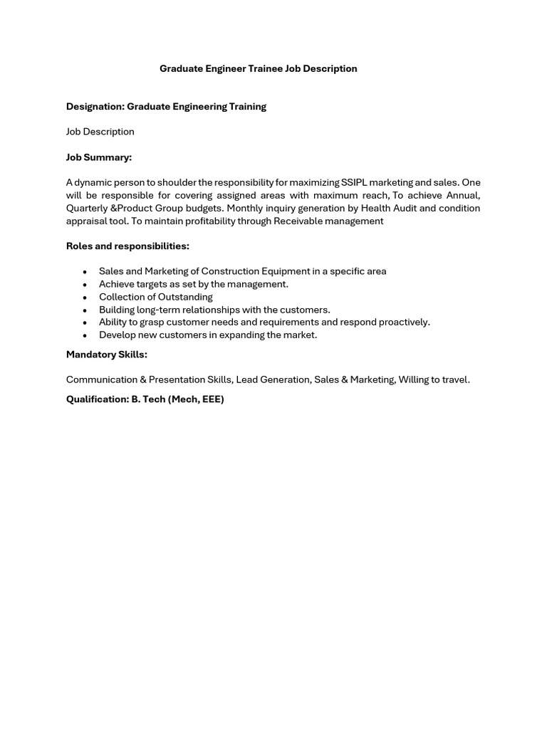 Graduate Engineer Trainee Job Description - Sales | PDF