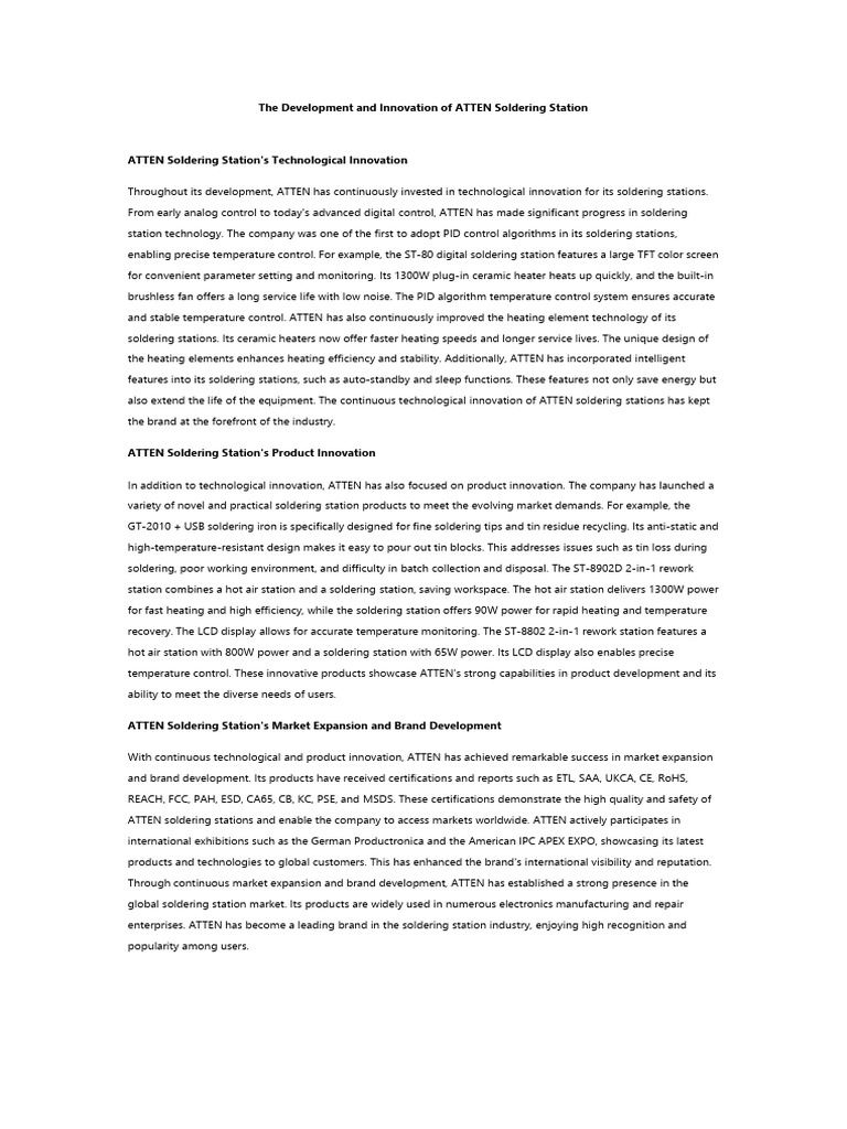 The Development and Innovation of ATTEN Soldering Station | PDF | Soldering
