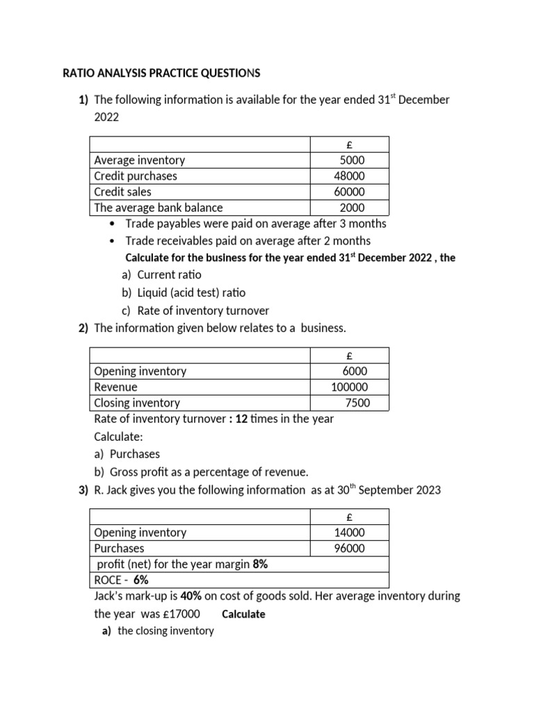 Ratio Analysis Practice Questions 3 | PDF | Revenue | Gross Margin