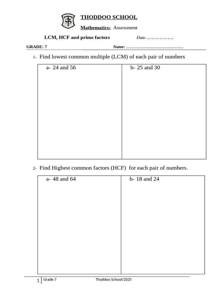 LCM HCF Prime Factors Assessment (Recovered) | PDF