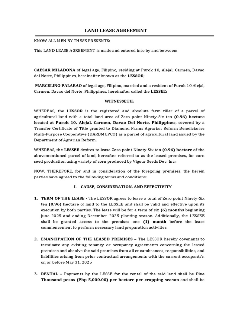Palarao To Caesar Miladona - Land Lease Agreement | PDF | Lease ...