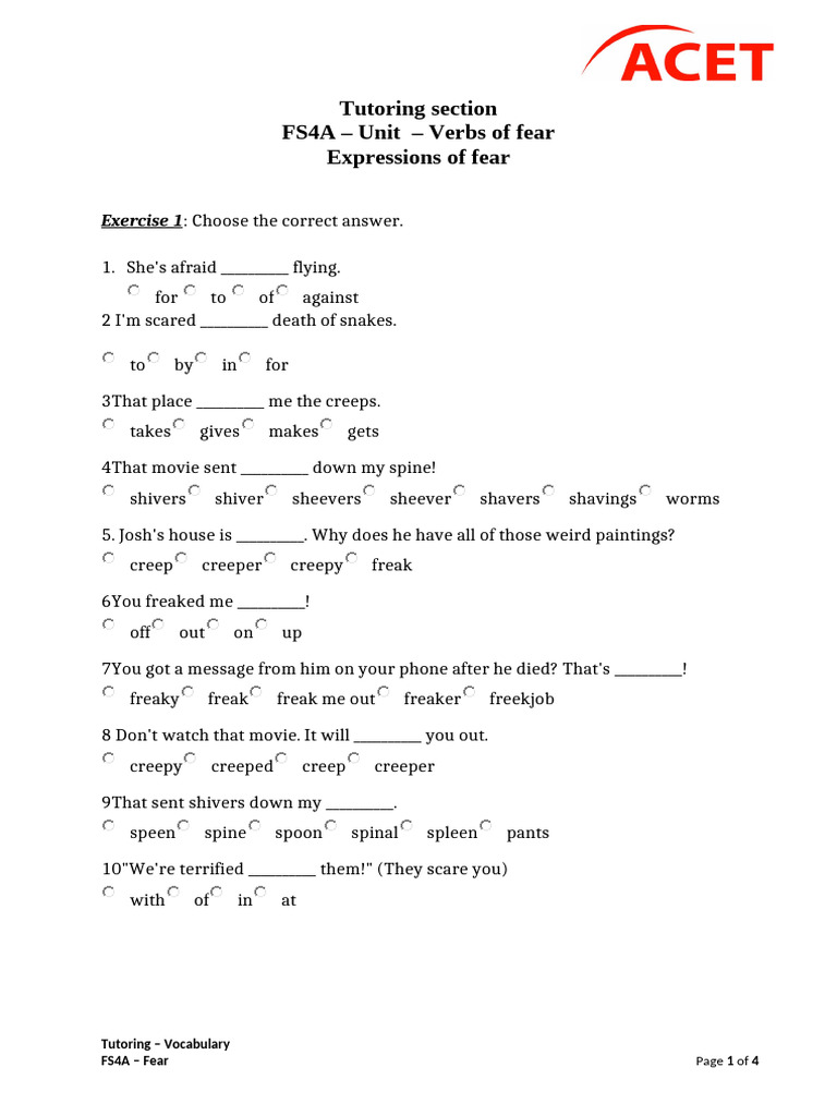 FS4A - Unit 4 - Verbs of fear, expression of fear | PDF