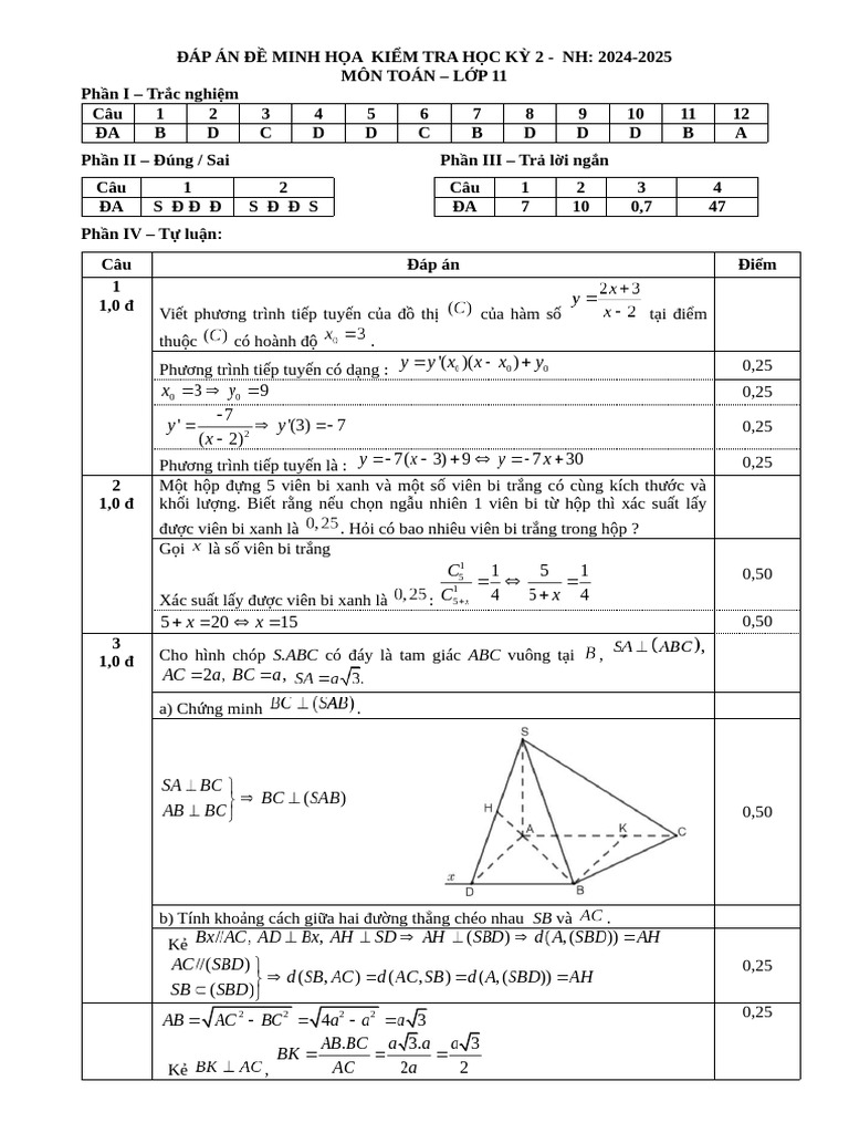 DapAn - de - Minh Hoa - KT - HK2 - Toan - 11 | PDF
