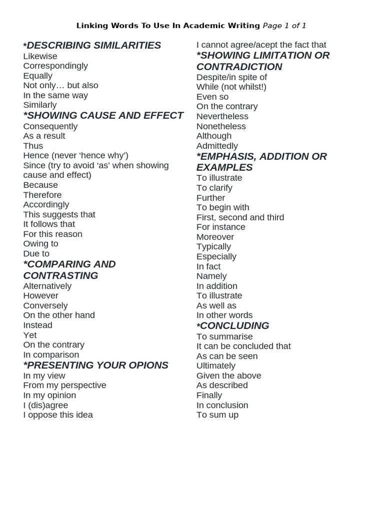 Linking Words To Use in Academic Writing | PDF