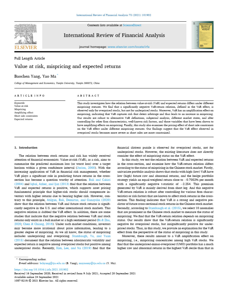 Yang & Ma - 2021 - IRFA - Value at Risk - Mispricing and Expeceted Returns | PDF | Value At Risk ...