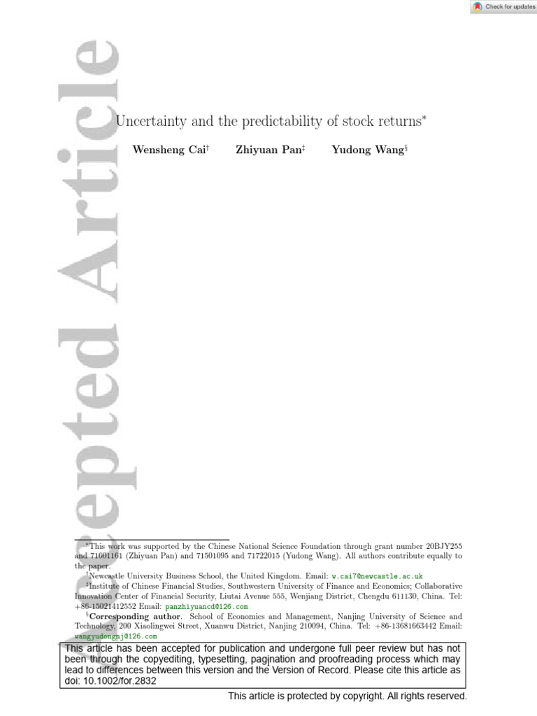 Cai - 2021 - JoForecast - Uncertainty and The Predictability of Stock Returns | PDF | Linear ...
