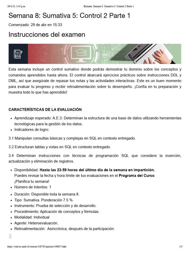 Examen - Semana 8 - Sumativa 5 - Control 2 Parte 1 | PDF | SQL | Bases de datos