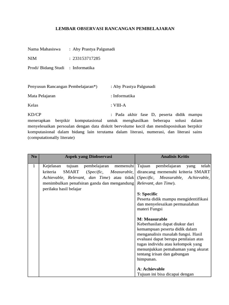 Lembar Observasi Rancangan dan perangkat Pembelajaran 8A Siklus 2 | PDF