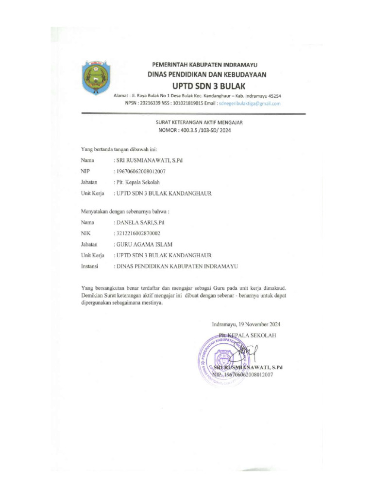 Surat Keterangan Aktif Mengajar - Danela - Compressed | PDF