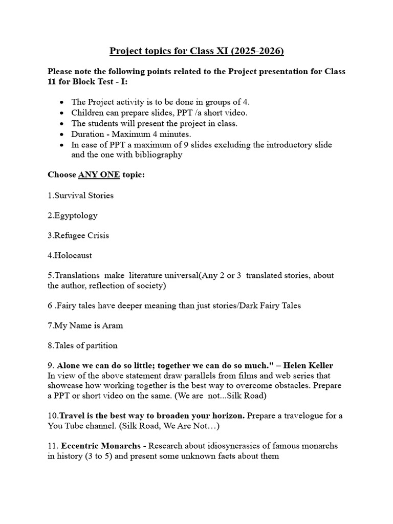 Class 11 Project Topics 2025-26 | PDF