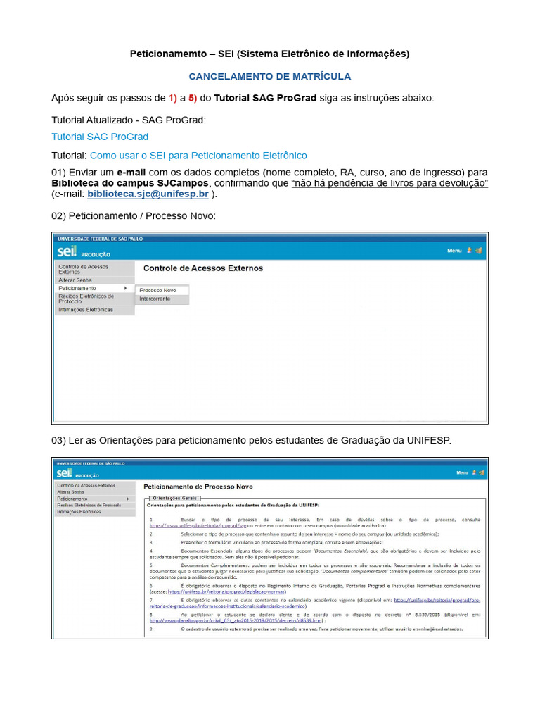 Peticionamento SEI - Cancelamento de Matrícula Atualizado Novo v2 | PDF