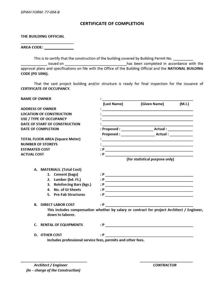 DPWH FORM - Cert. of Completion Form | PDF