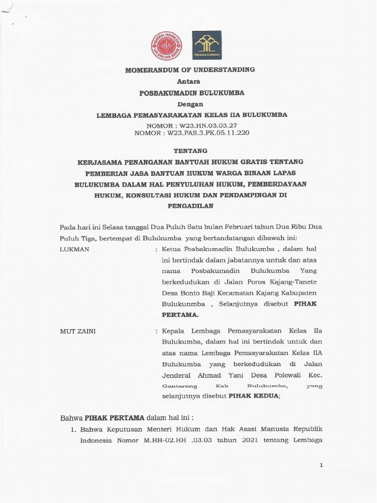 MOU Posbakumadin Bulukumba (TTD) | PDF
