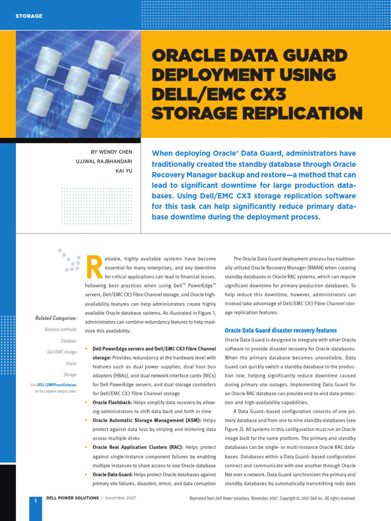 Oracle Data Guard Deployment Using DELL - EMC CX3 Storage Replication | PDF | Databases | Backup