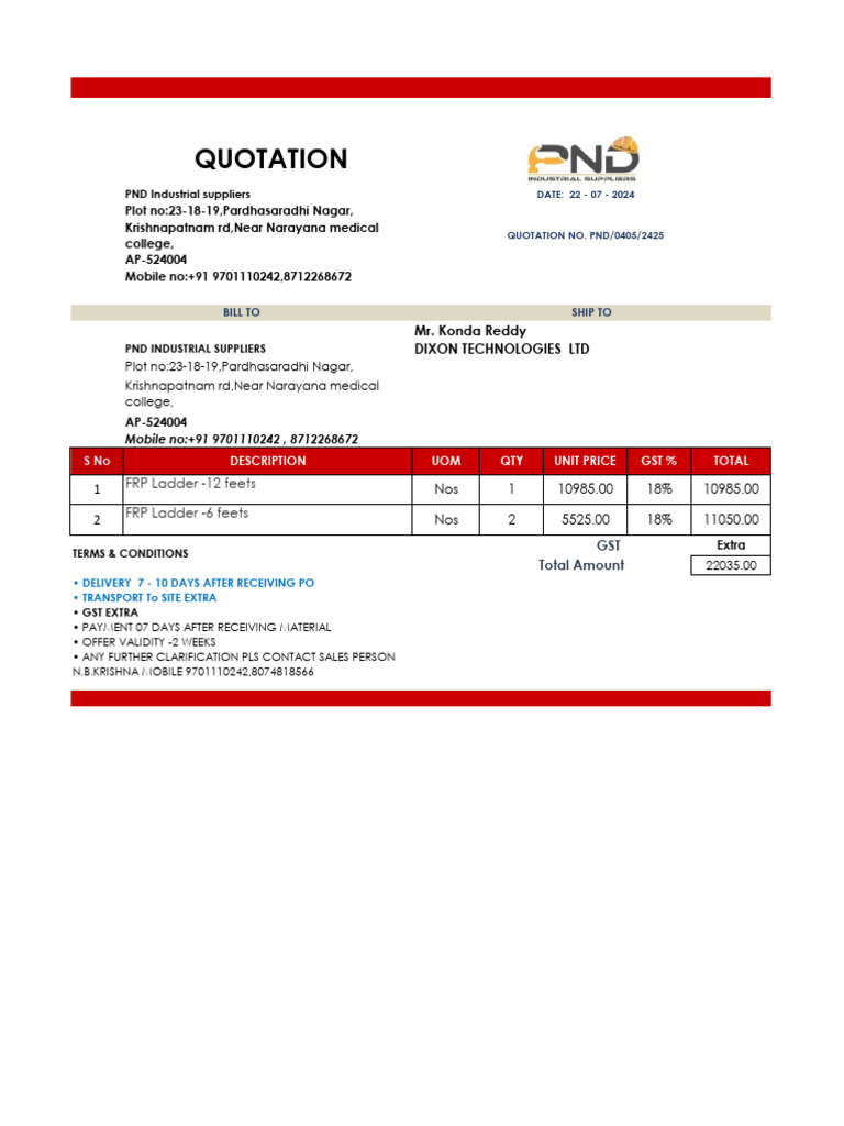 FRP Ladder Quotation from PND Industrial | PDF