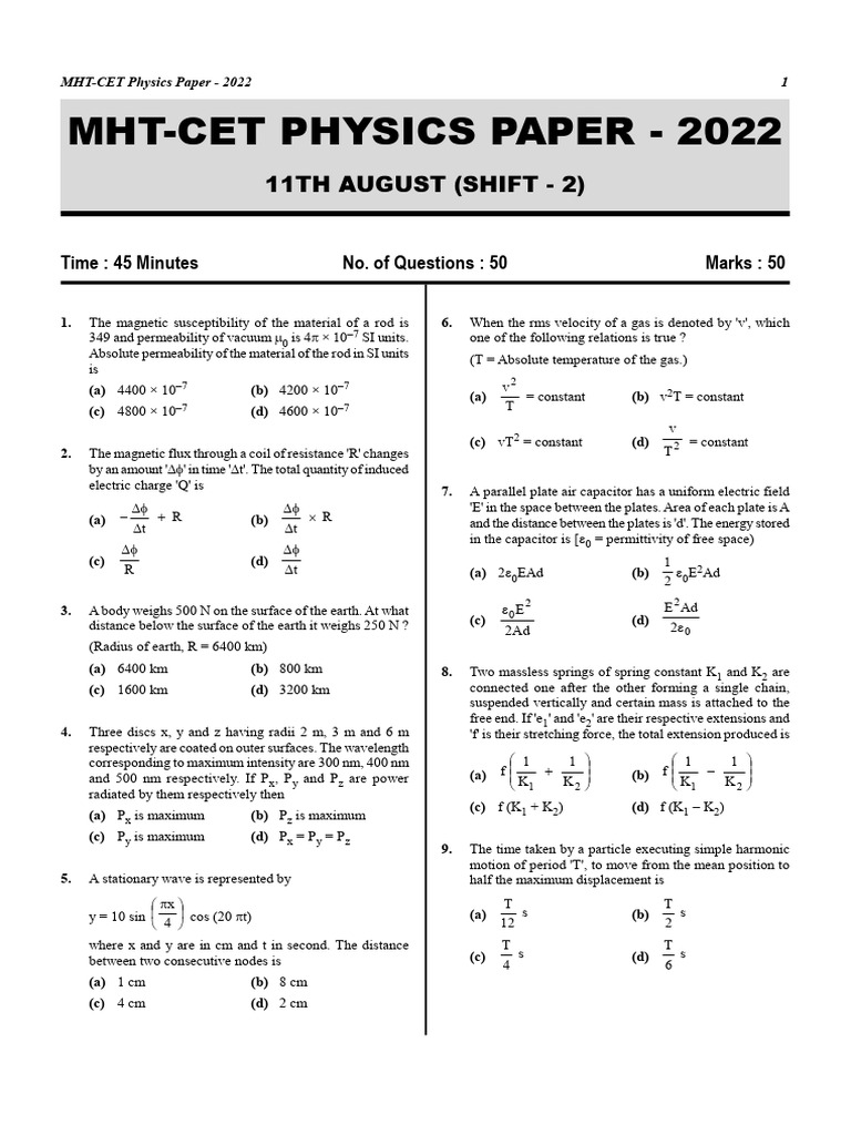 MHT-CET 2022 Physics Question Paper | PDF | Physics | Physical Sciences