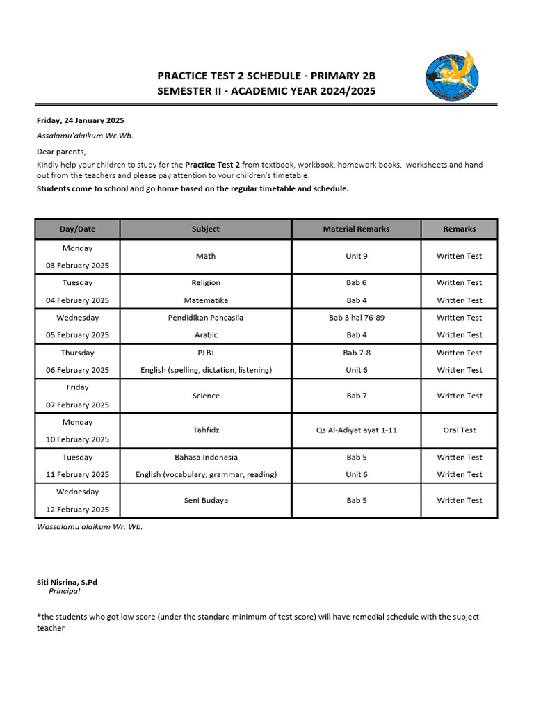 2B Practice Test 2 Schedule 2024-2025 | PDF