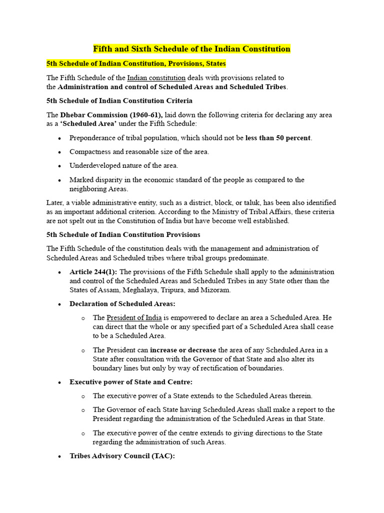 Fifth and Sixth Schedule Overview | PDF | Government