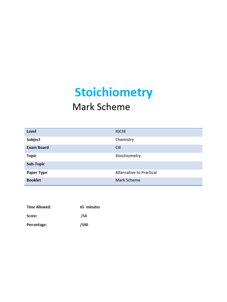 IGCSE Chemistry Stoichiometry Mark Scheme | PDF | Chemistry | Physical ...
