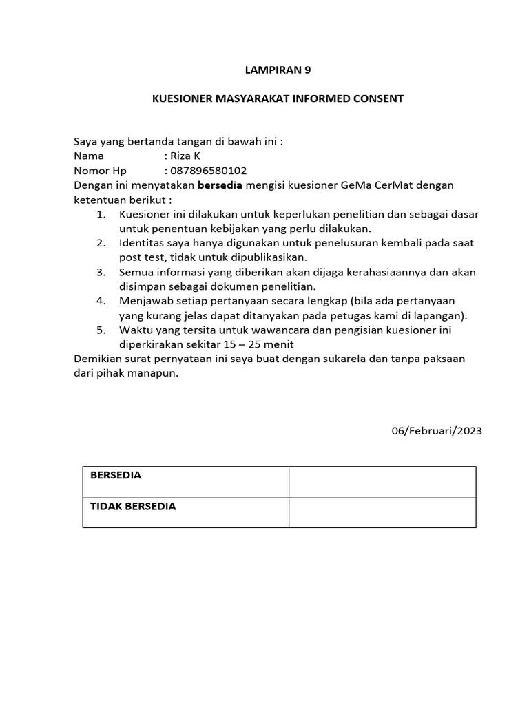 Lampiran 9 - Kuesioner Masyarakat Informed Consent | PDF