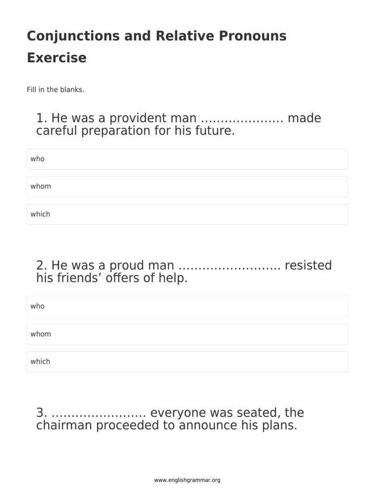 Conjunctions and Relative Pronouns Exercise | PDF | Syntax