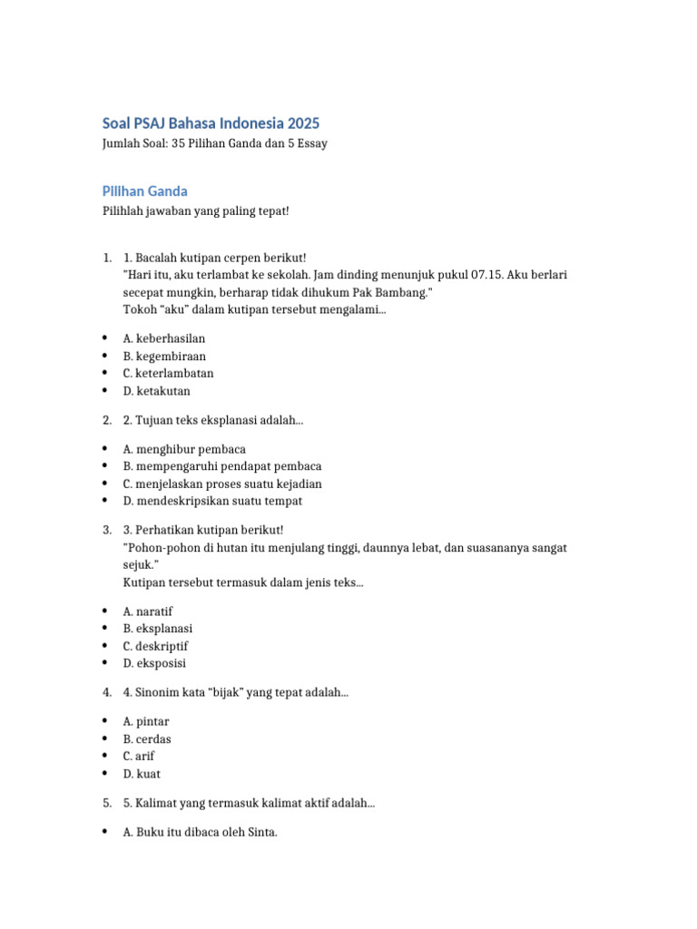 Soal PSAJ Bahasa Indonesia 2025 Lengkap | PDF