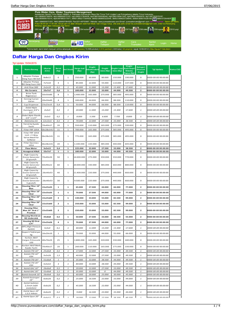 Daftar Harga Dan Ongkos Kirim Water Treatment Mini | PDF