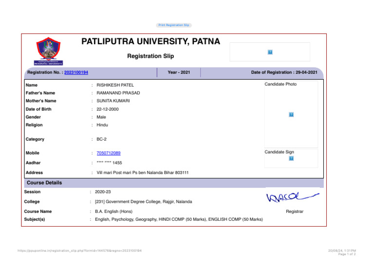 Registration Slip | PDF