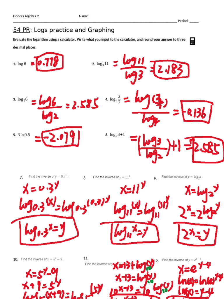 PR 54 - Log Practice and Graphing - Key | PDF