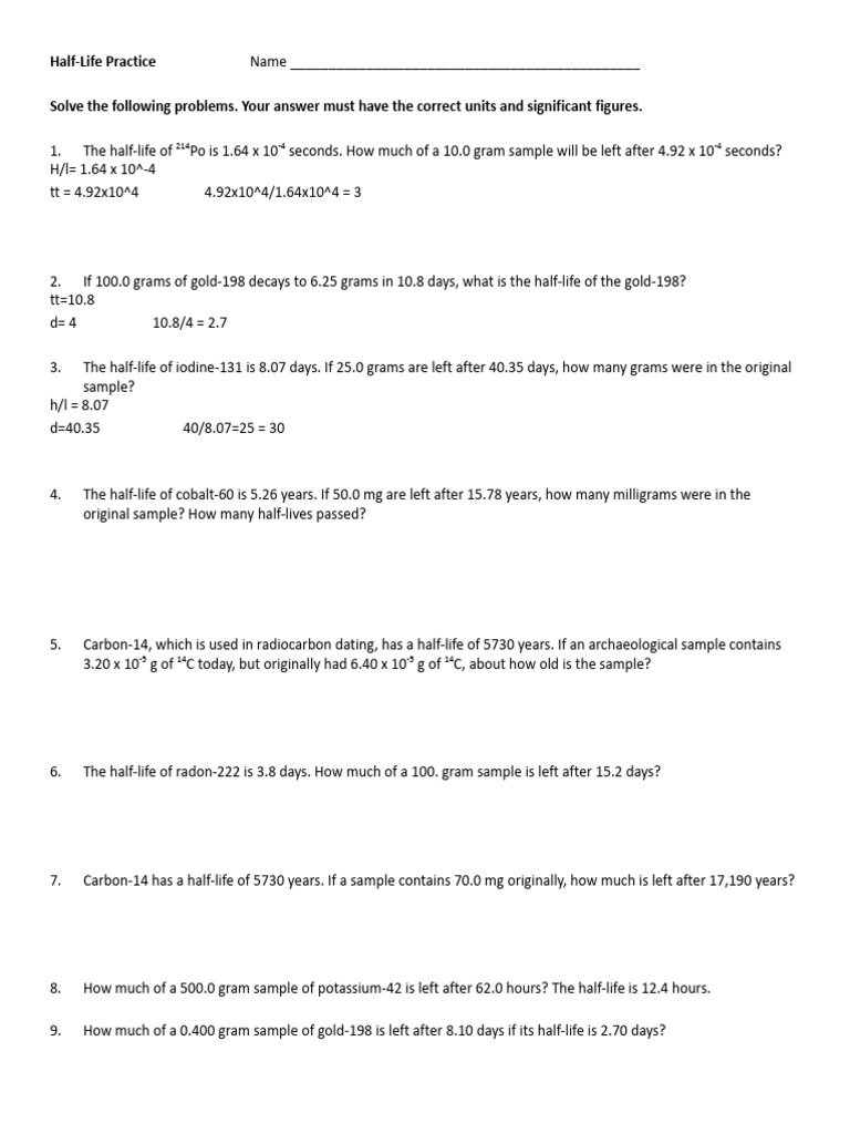 Half-Life Practice Problems Worksheet | PDF