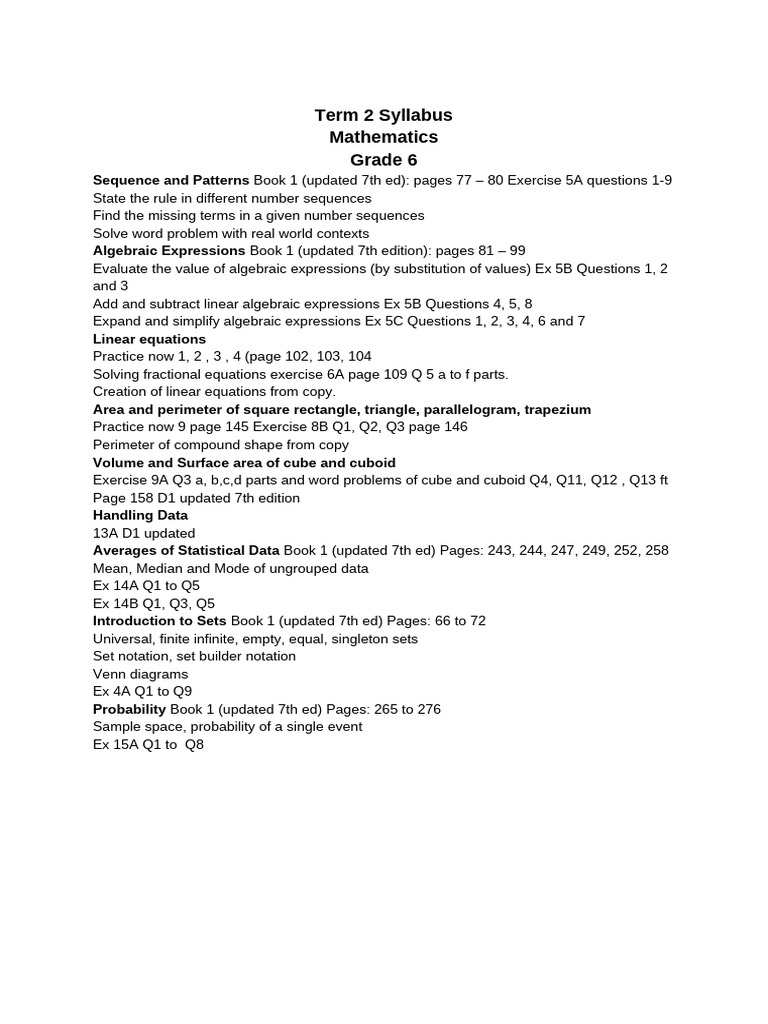 Grade 6 Mathematics Syllabus Term 2 | PDF
