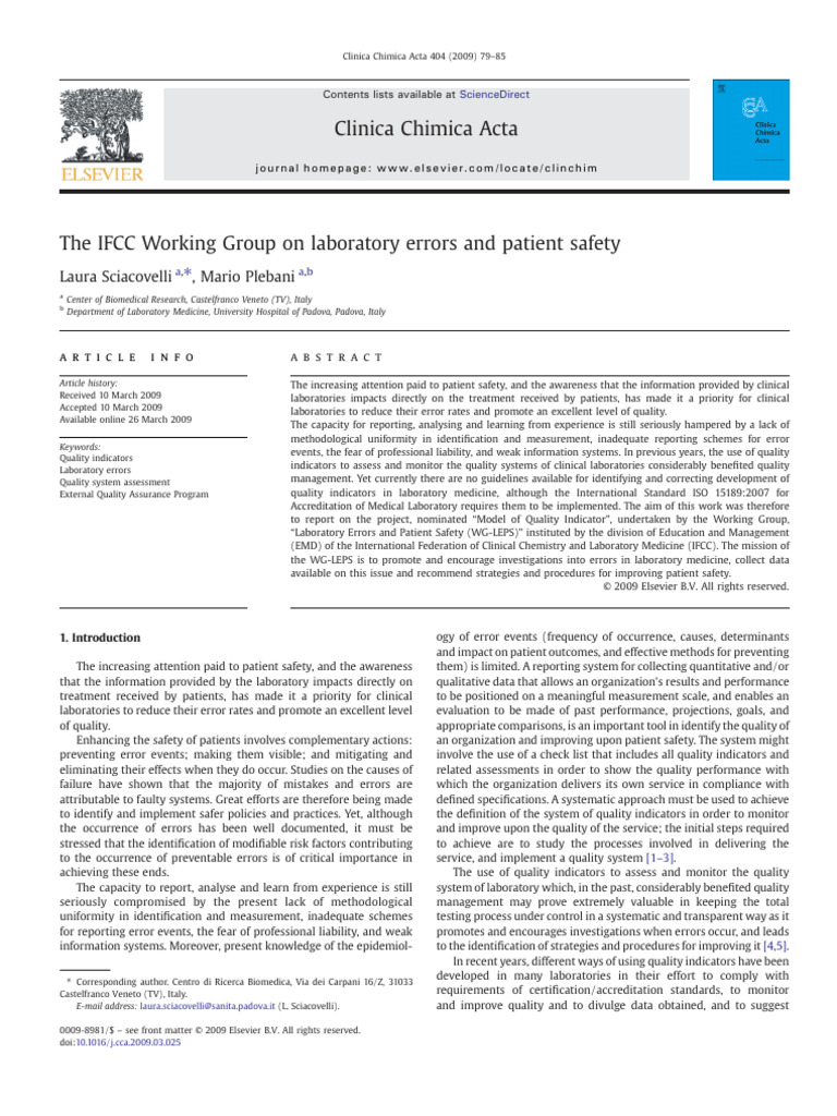 IFCC Model for Quality Indicators | PDF | Patient Safety | Laboratories