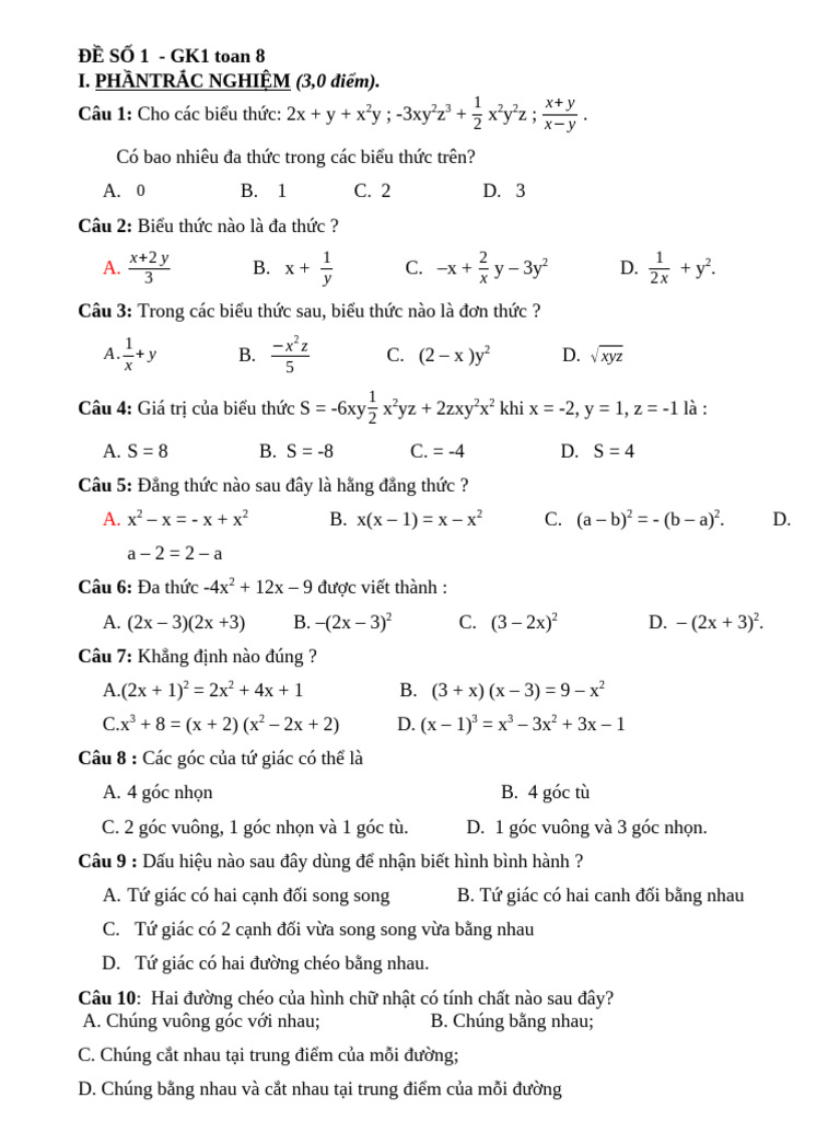 ĐỀ SỐ 1 - GK1 toan 8 I. Phầntrắc Nghiệm Câu 1:: x y y x x | PDF
