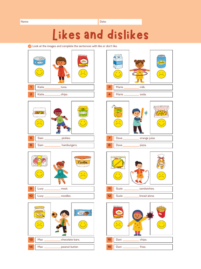 Illustrative Likes and dislikes worksheet Recurso de EFL | PDF