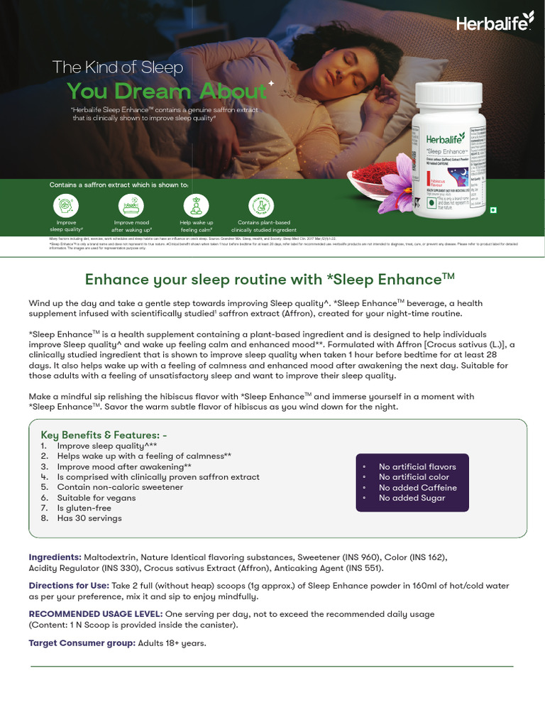 Herbalife Sleep Enhance Benefits Explained | PDF | Sleep | Sugar Substitute