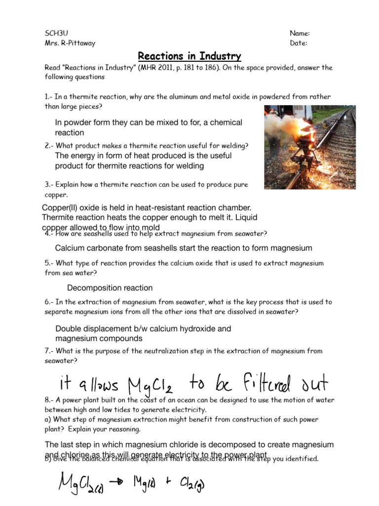 3U Worksheet Reactions in Industry | PDF | Magnesium | Chemical Reactions